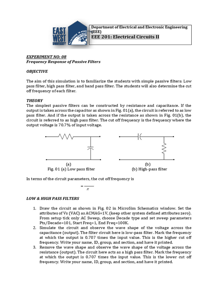 Experiment 8 Frequency Response of Passive Filters | PDF | Electronic Filter | Electrical Network
