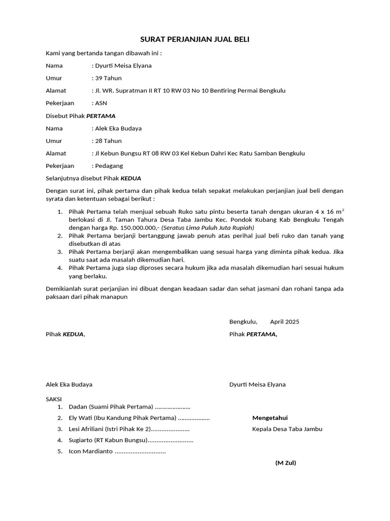 SURAT PERJANJIAN JUAL BELI Ruko Benar 2 | PDF