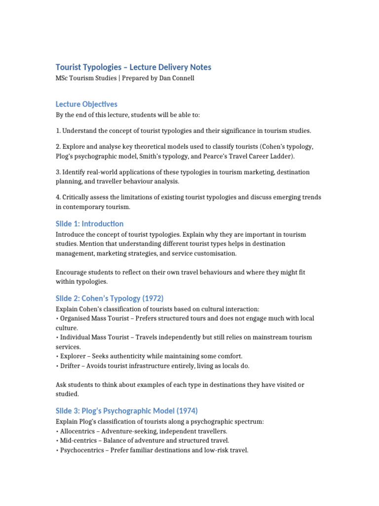 Tourist Typologies Lecture Notes-1 | PDF | Tourism | Motivation