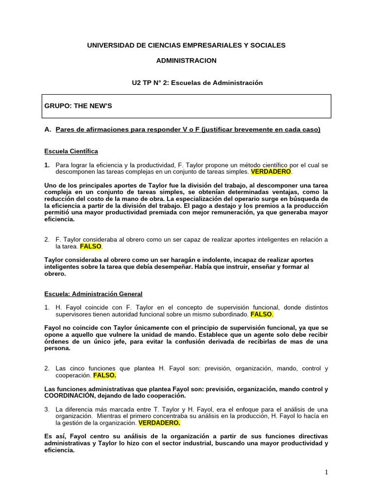 U2 TP #2 Escuelas Administracion - Verdadero o Falso | PDF