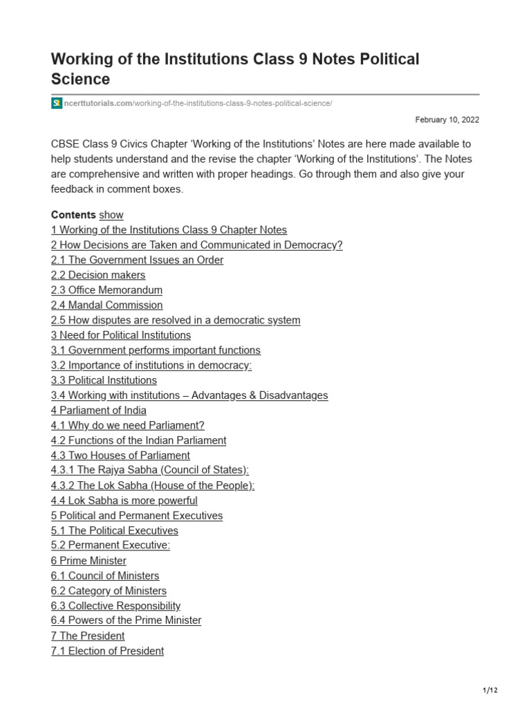 Working of The Institutions Class 9 Notes Political Science | PDF ...