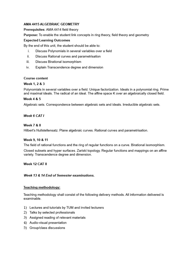 AMA 4415 ALGEBRAIC GEOMETRY Course Outline | PDF | Algebraic Geometry ...