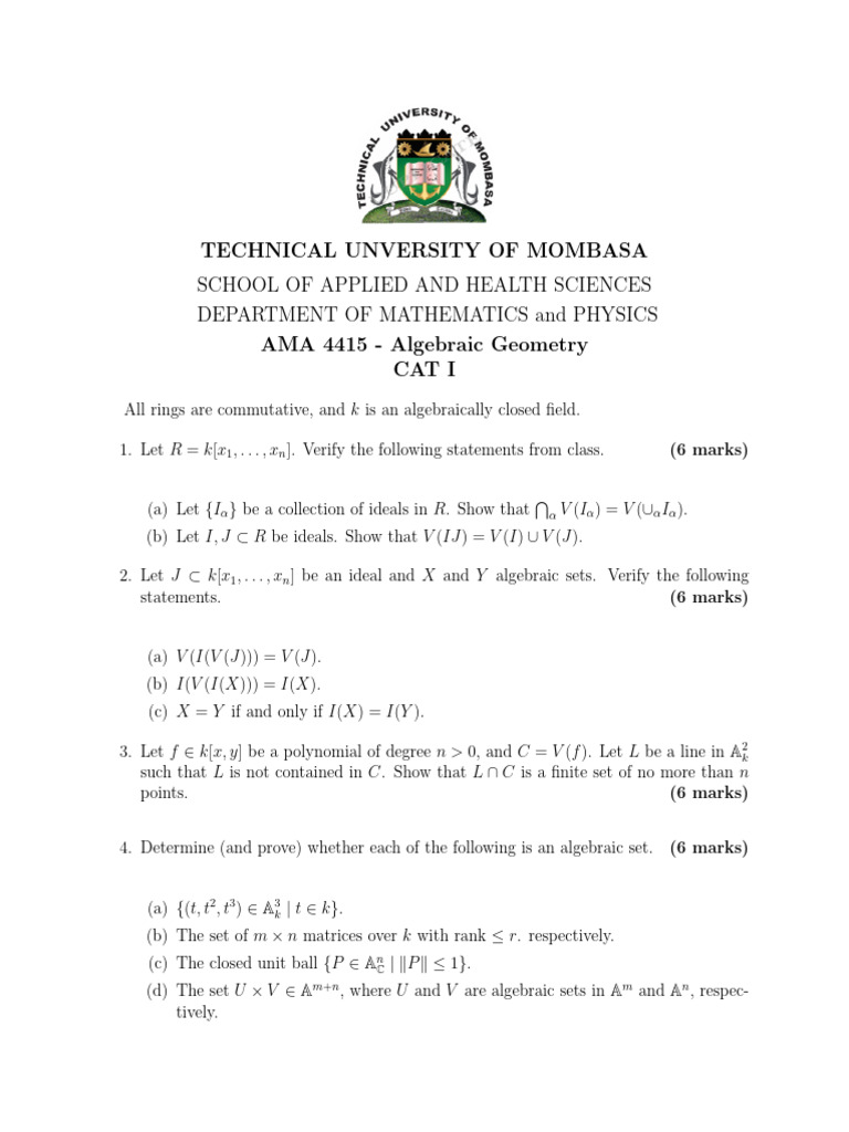 AMA 4415 CAT 1 ALgebraic Geometry | PDF