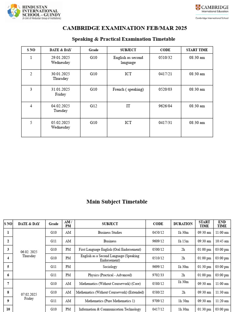 Cambridge Exam Feb Mar 2025 Timetable | PDF | Science