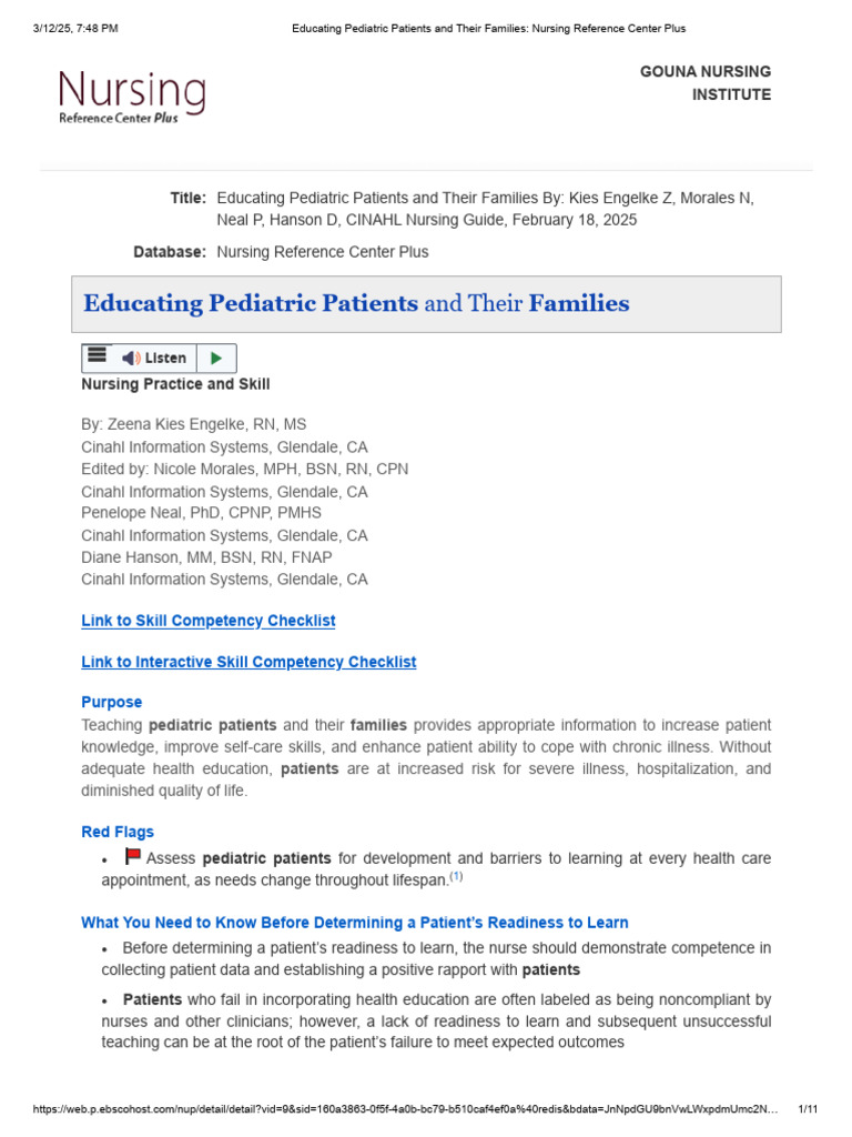 Educating Pediatric Patients and Their Families - Nursing Reference ...