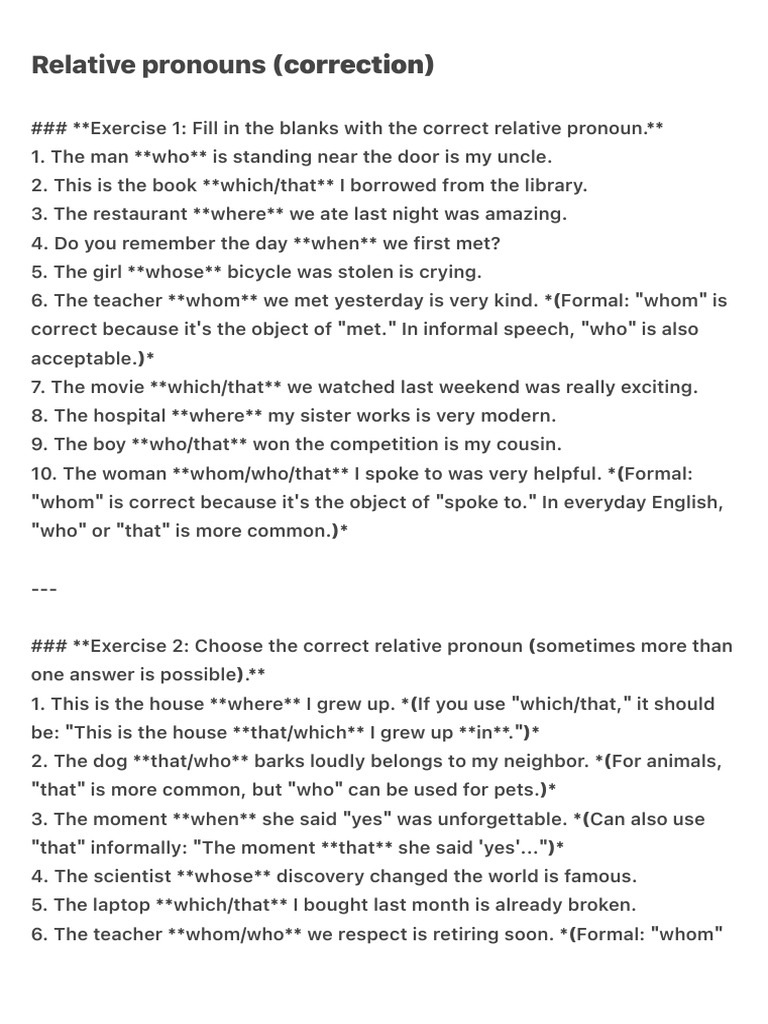 Relative Pronouns (Correction) | PDF