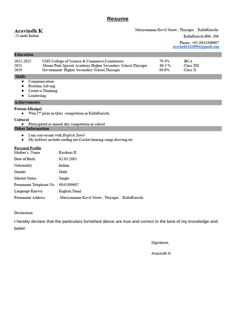 Fresher Resume Format | PDF