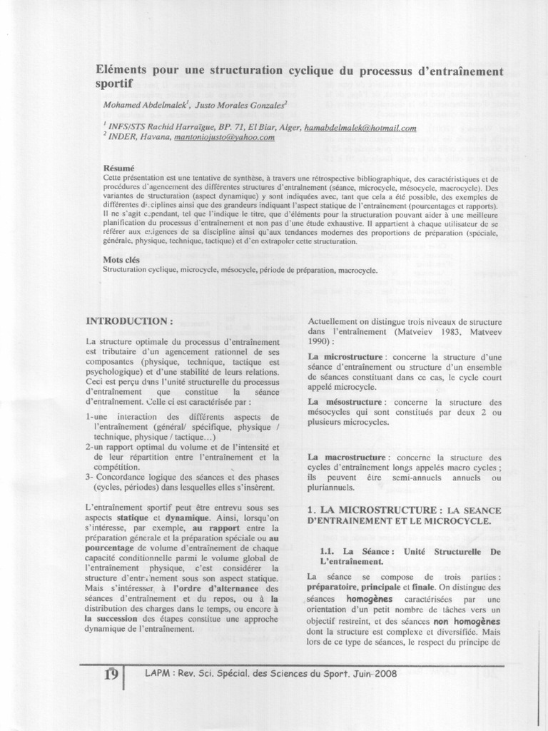 Eléments Pour Une Structuration Cyclique Du Processus D'entrainement ...