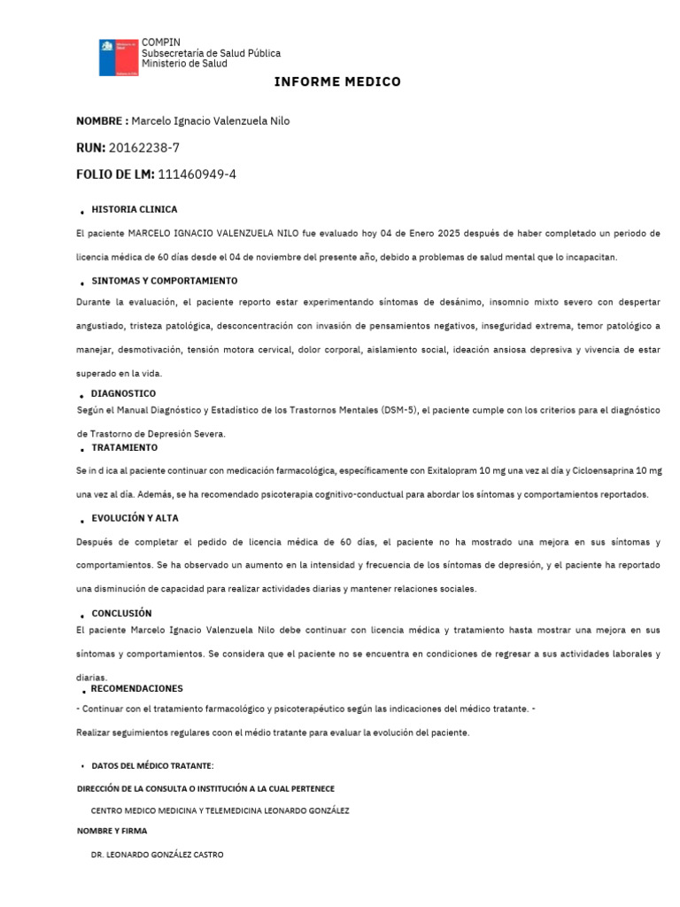 INFORME LM NOVIEMBRE MARCELO IGNACIO .pdf_20250410_133112_0000 | PDF | Trastorno depresivo mayor ...