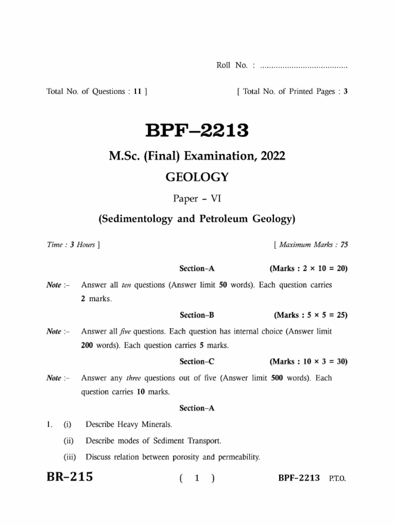 MSC Part 2 Geology Sedimentology and Petroleum Geology BPF 2213 2022 | PDF