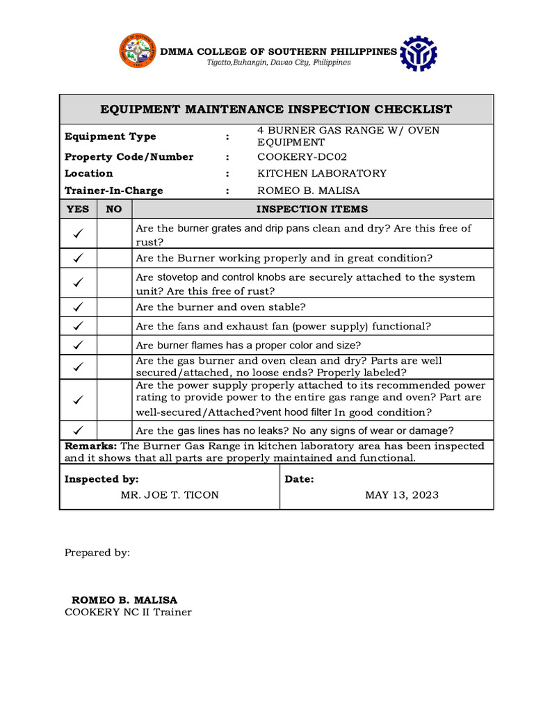 4 Burner Gas Range Maintenance Checklist | PDF