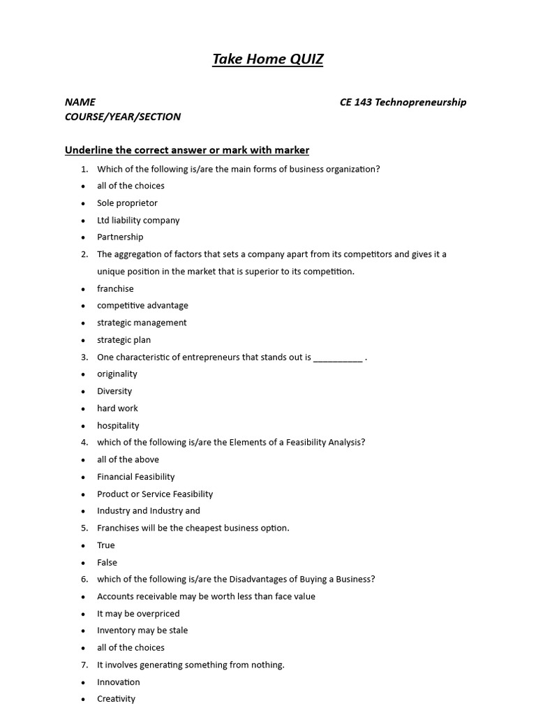 CE 143 Technopreneurship Quiz | PDF | Entrepreneurship | Franchising