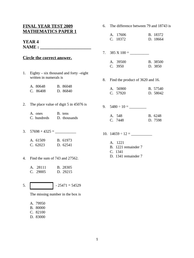 Year 4 Mathematics Final Exam 2009 | PDF | Mathematics