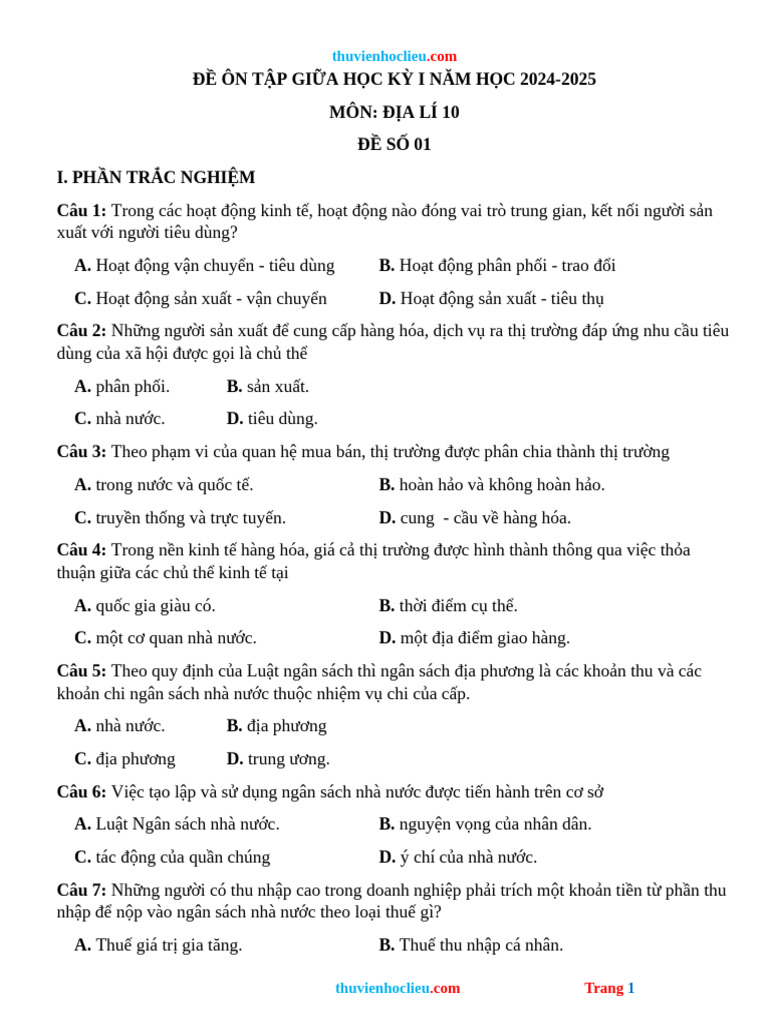 Bo de On Tap Giua HK1 Dia Li 10 Canh Dieu 24 25 | PDF