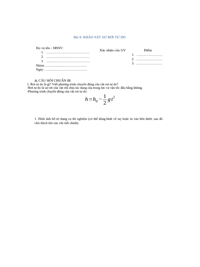 Khao Sat Su Roi Tu Do Bao Cao Thi Nghiem Mon Thi Nghiem Vat Ly 1 Truon 119448 | PDF