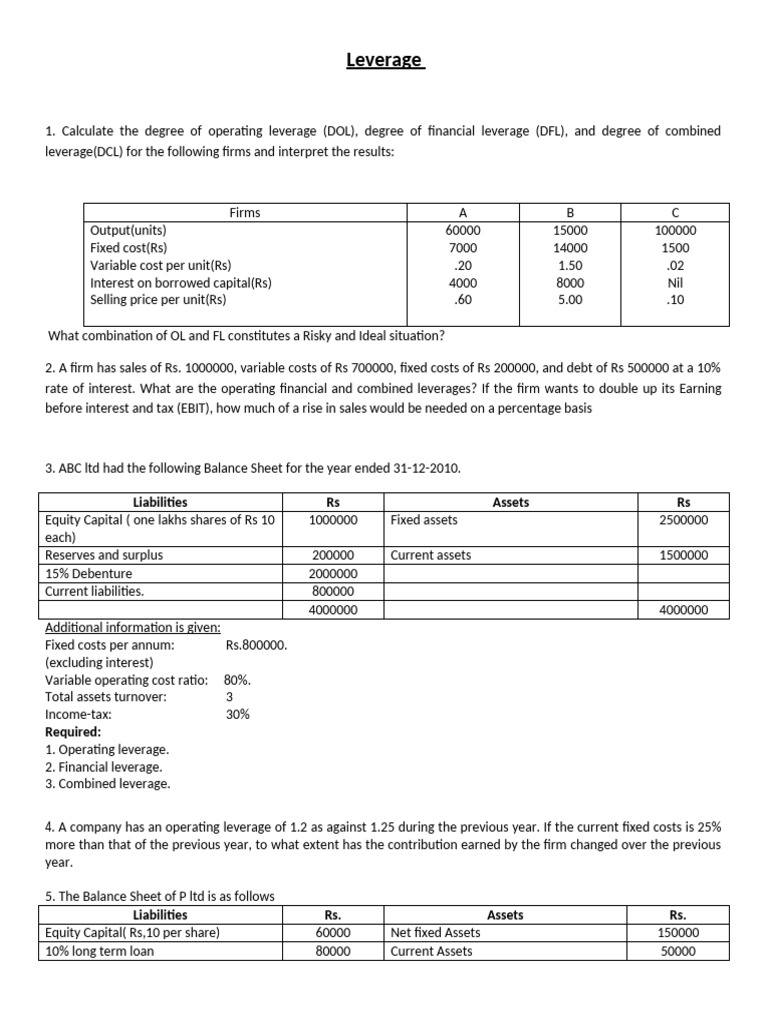 Leverage Analysis and Calculations Guide | PDF | Leverage (Finance ...