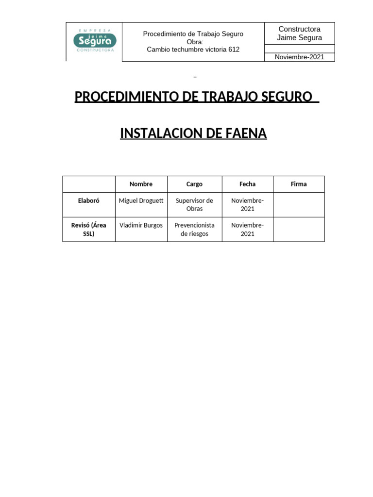 PTS Instalacion de Faena | PDF