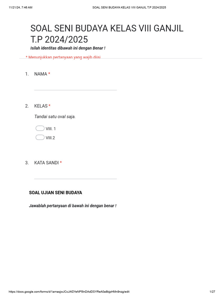 Soal Seni Budaya Kelas Viii Ganjil T.P 2024 - 2025 - Google Formulir | PDF