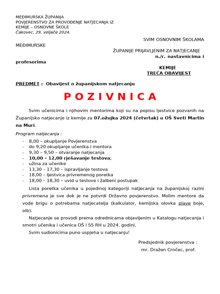 MEDIMURSKA ZUPANIJA Treca Obavijest Kemija Osnovne Skola 2024 Novo | PDF