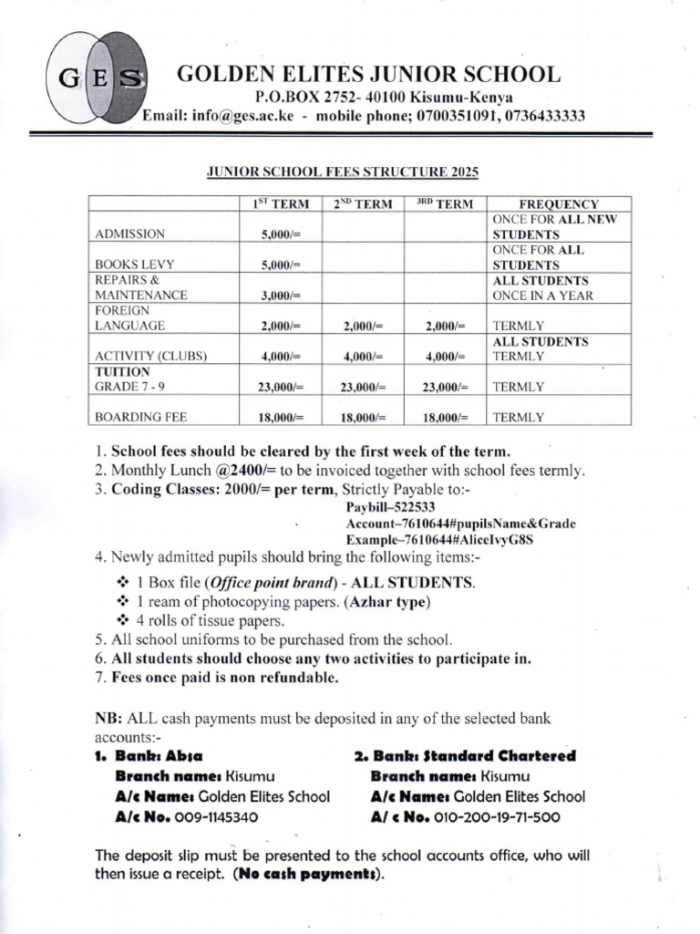Junior School Fees Structure & Transport 2025 2 | PDF