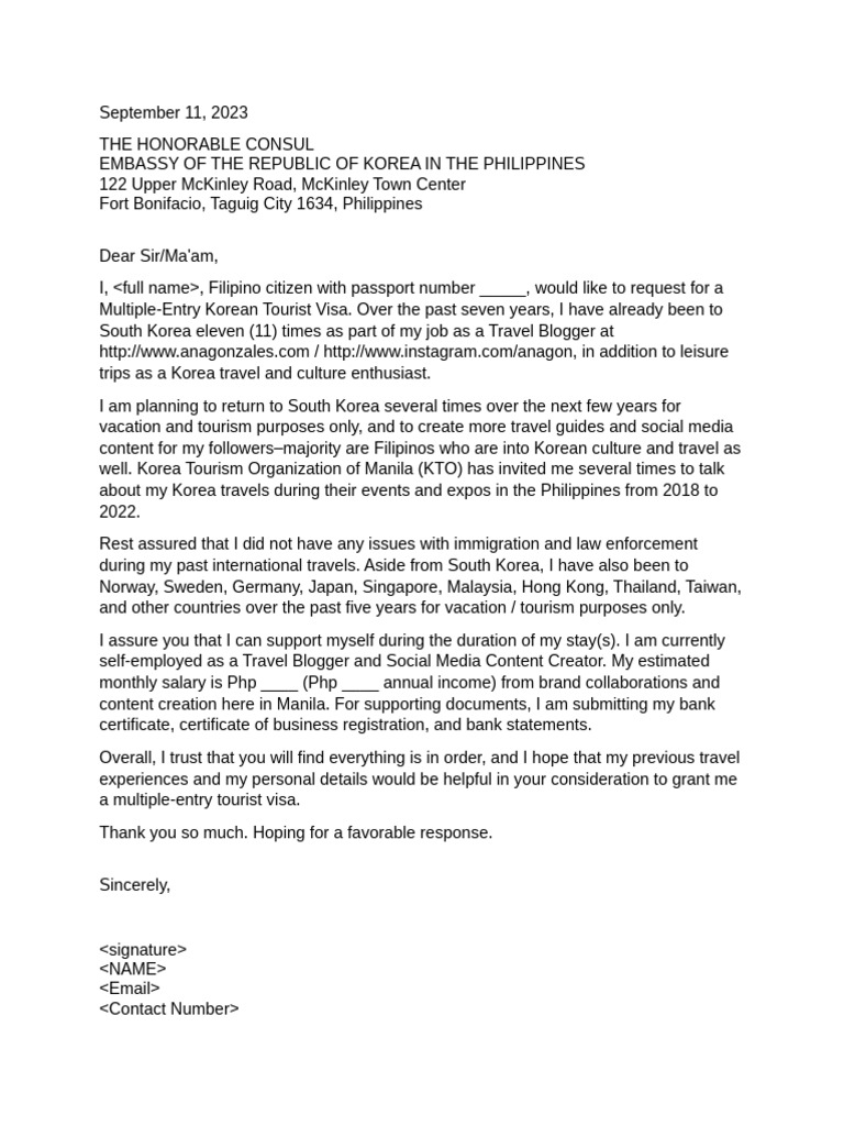 Korean Visa Multiple-Entry Cover Letter | PDF