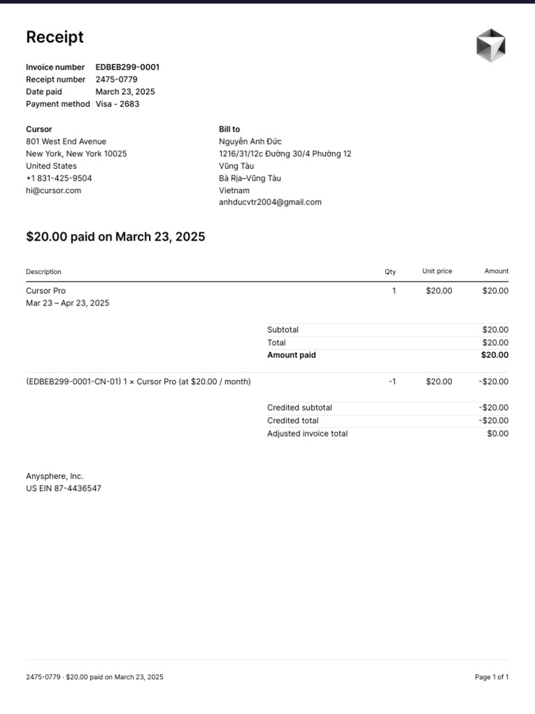 Cursor Invoice Receipt - March 2025 | PDF