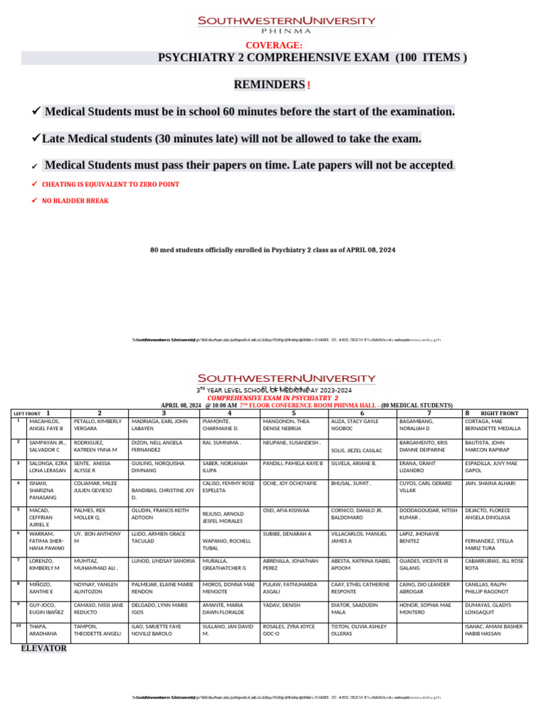 Seat Plan COMPRE EXAM PSYCHIA 2 040824 | PDF | Educational Stages ...