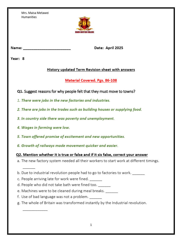 Year 8 Humanities April2025 Revision Sheet | PDF | Victorian Era ...