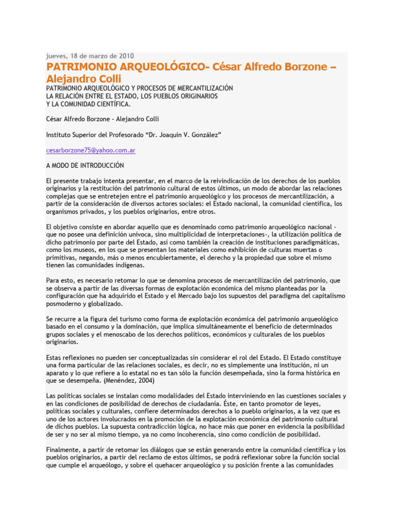 Borzone - Patrimonio Arqueologico | PDF | Bienes (Ley) | Estado (política)