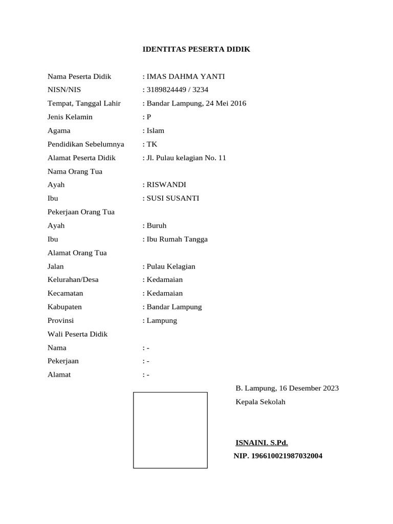 Identitas Peserta Didik Imas 2b | PDF