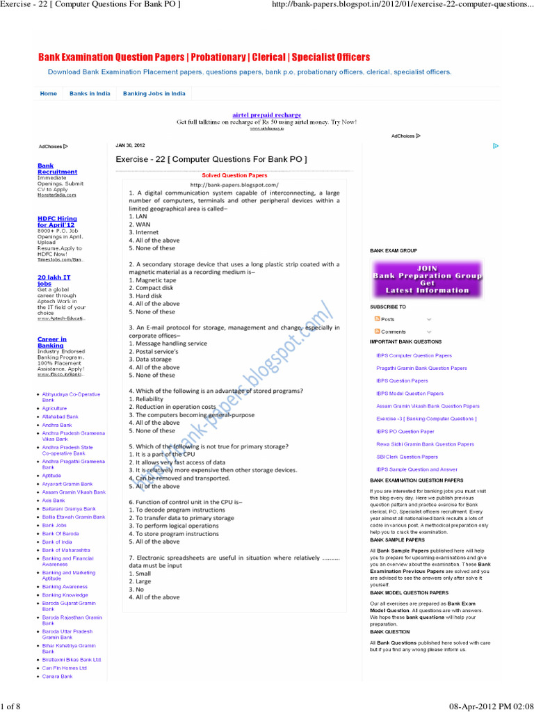 Exercise - 22 (Computer Questions For Bank PO) | PDF