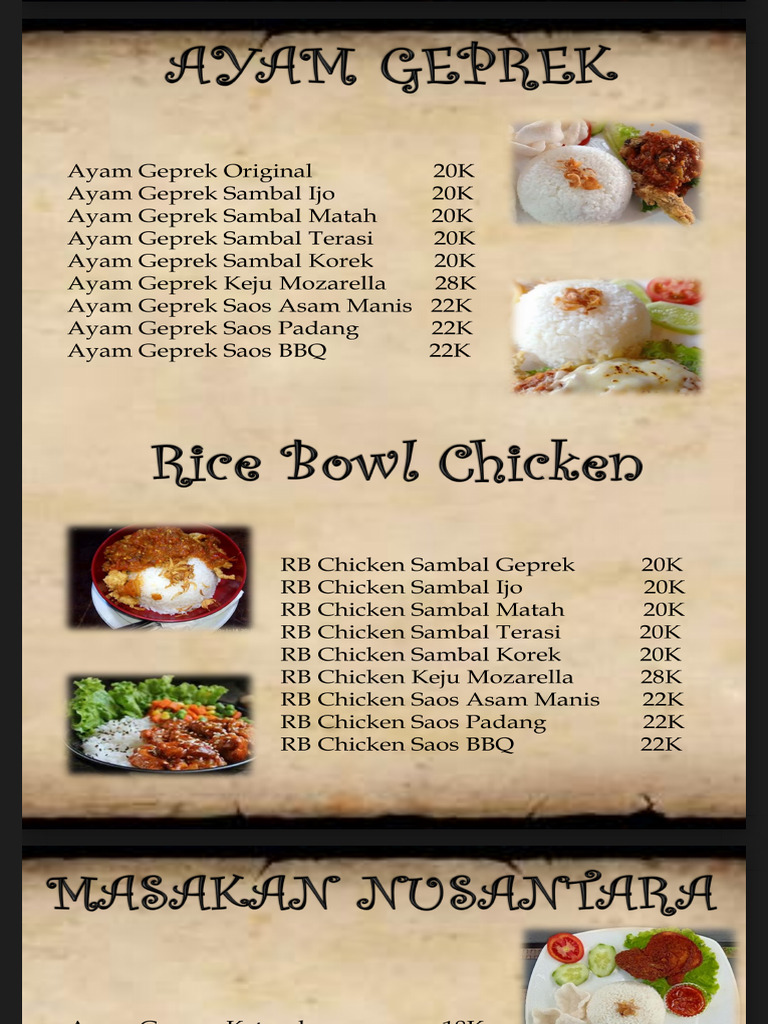 Menu Ayam Geprek Variasi dan Harga | PDF
