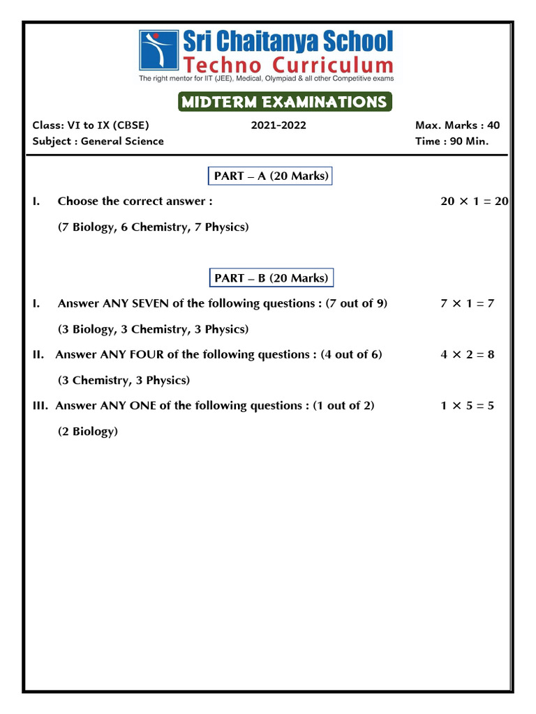 VI to IX Classes General Science QP Pattern | PDF