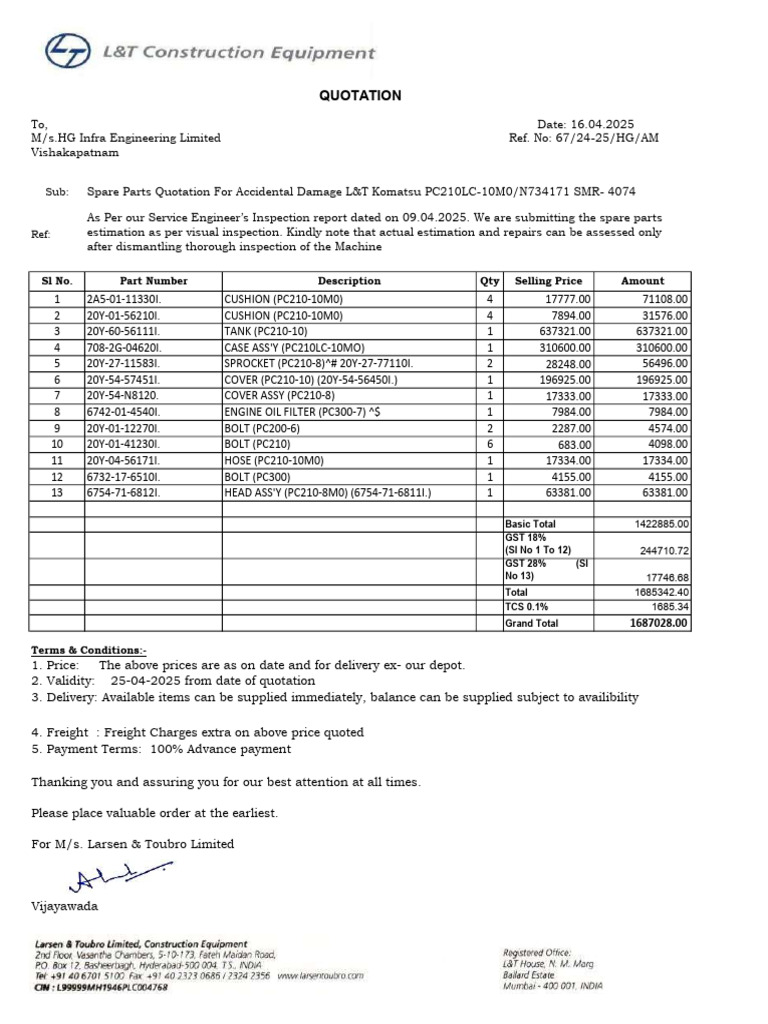 Spare Parts Quotation for PC210 | PDF