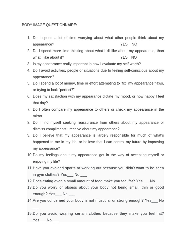 Body Image Questionnaire | PDF | Self Esteem | Body Image