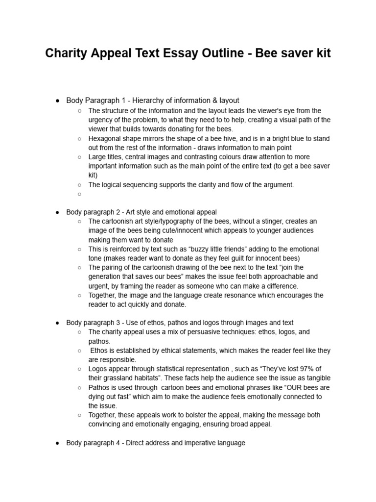 Outline for Essay on Charity Appealtext | PDF | Human Communication