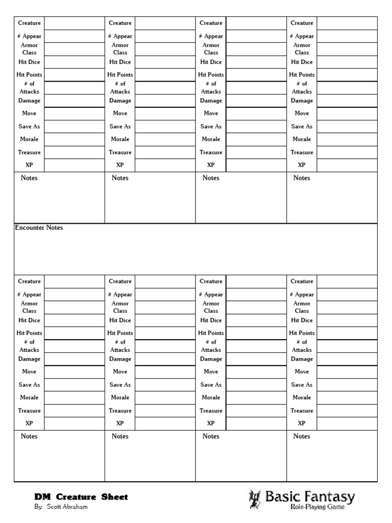 Basic Fantasy DM Creature Sheet | PDF