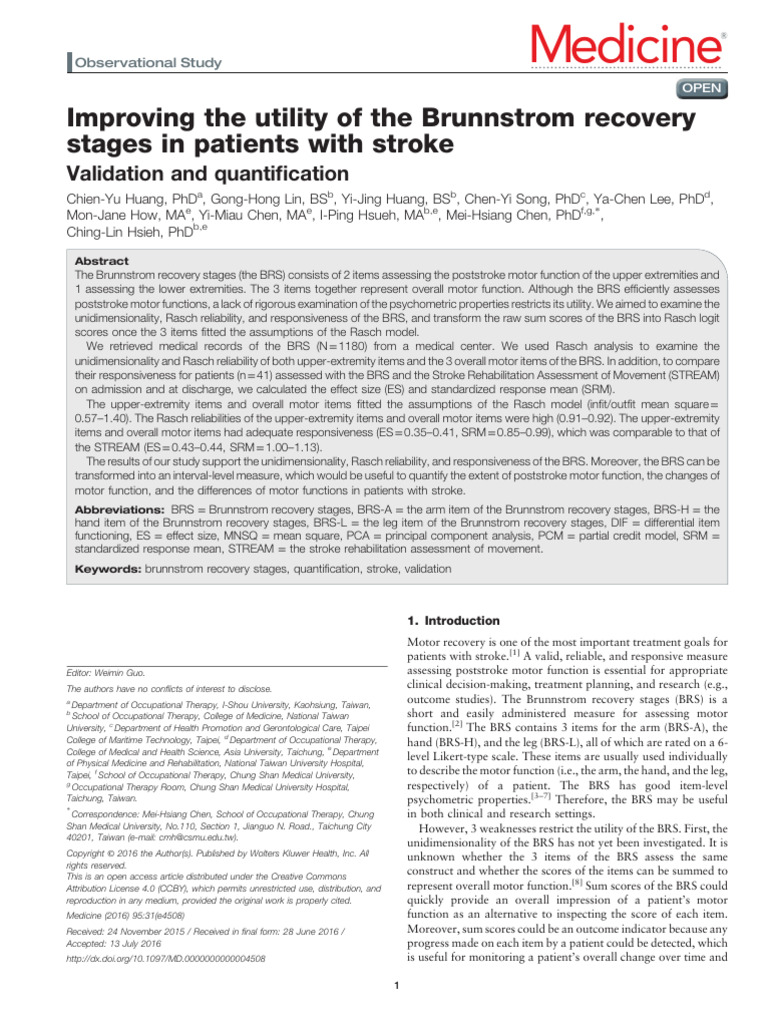Improving the Utility of the Brunnstrom Recovery Stages in Patients With Stroke | PDF | Level Of ...