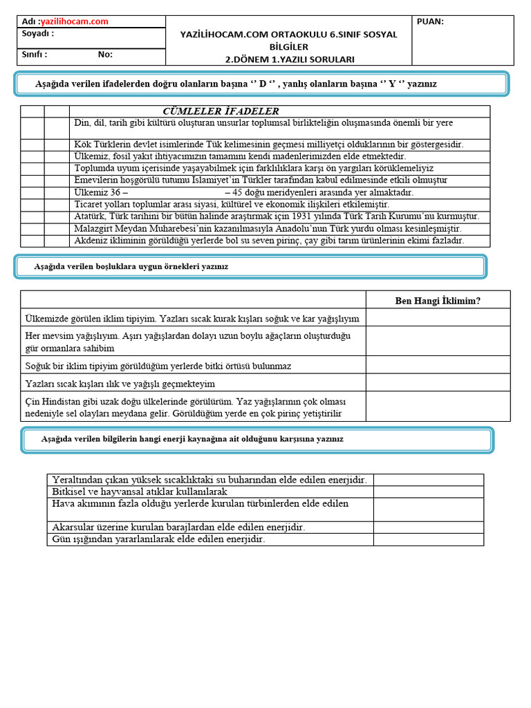 yazilihocam.com---------6.SINIF SOSYAL 2.DÖNEM 1.YAZILI SORULARI -2 | PDF