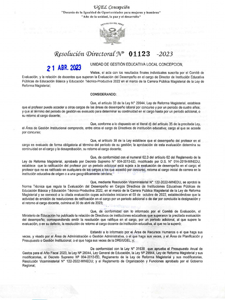 Resolucion Directoral 01123 - 2023 - Ratificacion Cargo Directivo | PDF