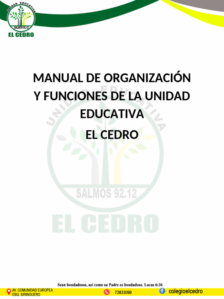 MANUAL DE ORGANIZACIÓN Y FUNCIONES DE LA UNIDAD EDUCATIVA Cedro 2025 | PDF | Maestros | Plan de ...