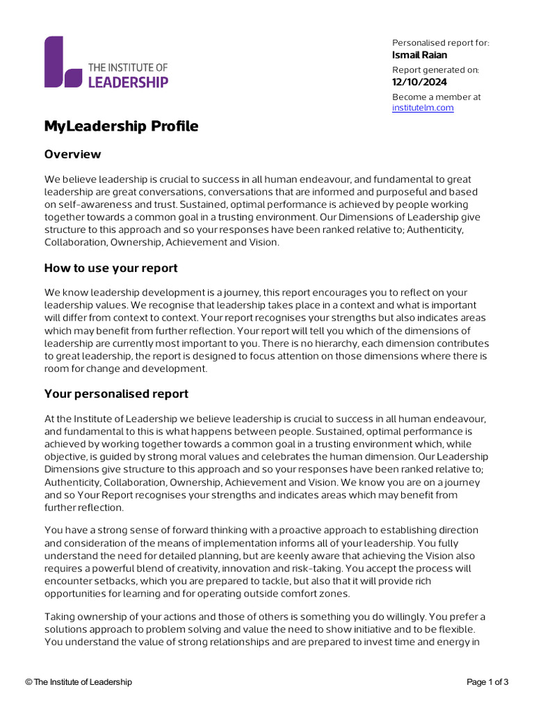 My Leadership Profile Report | PDF | Leadership | Social Psychology