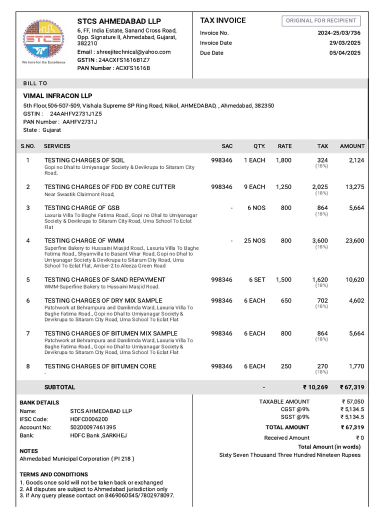 Vimal Infracon LLP Sales Invoice 2024 25-03-736 | PDF | Payments | Taxes