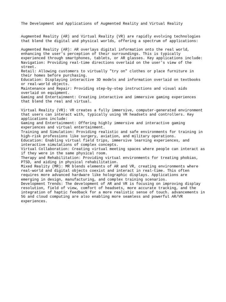 The Development and Applications of AR & VR | PDF