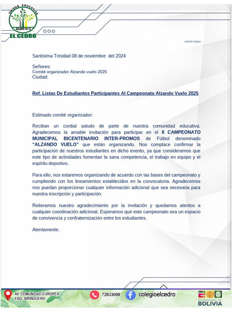 Confirmación Participación Campeonato Alzando Vuelo 2025 | PDF