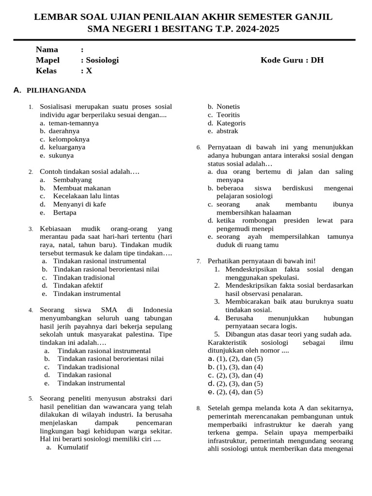 Lembar Soal Sosiologi Pas Ganjil X | PDF