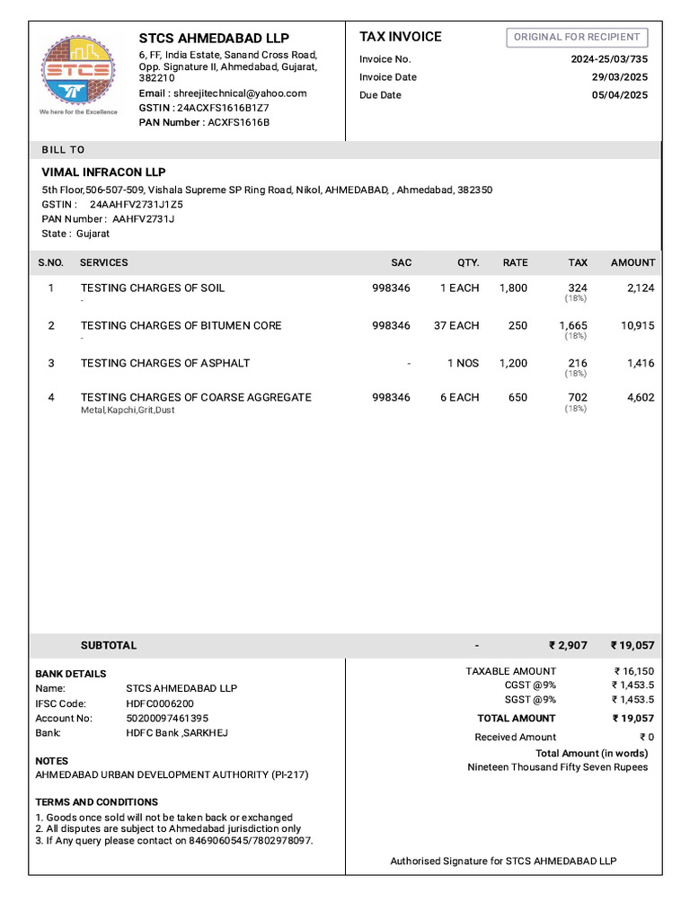 Vimal Infracon LLP Sales Invoice 2024 25-03-735 | PDF | Taxes | Payments