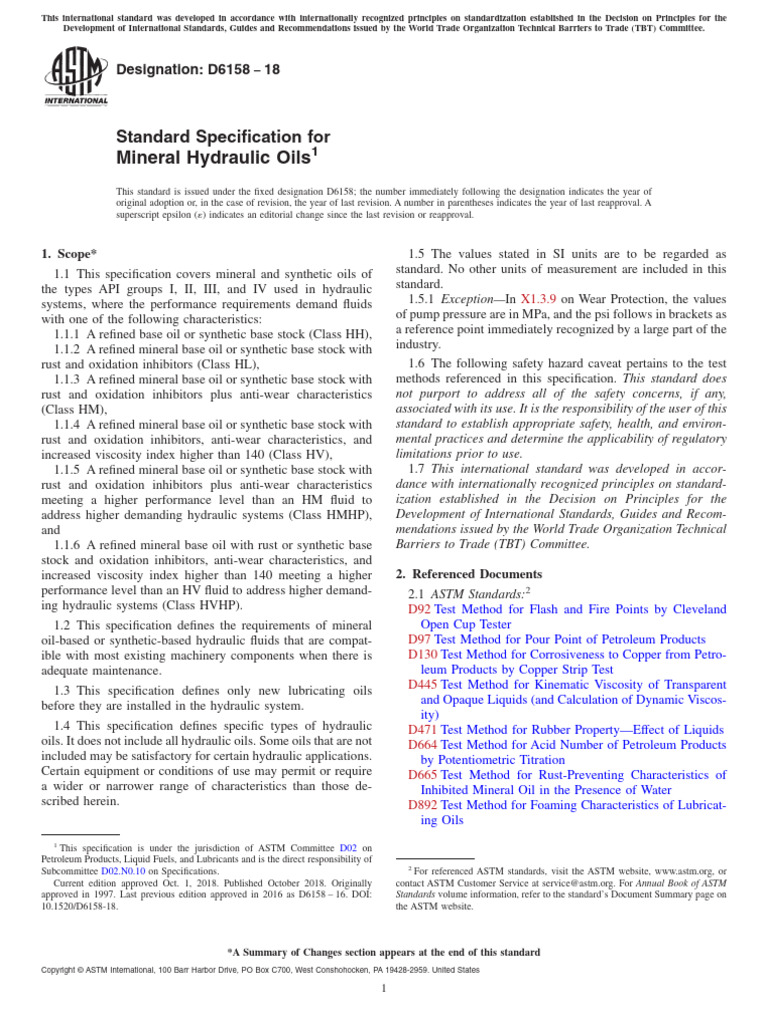 Mineral Hydraulic Oils: Standard Specification For | PDF | Viscosity | Pump