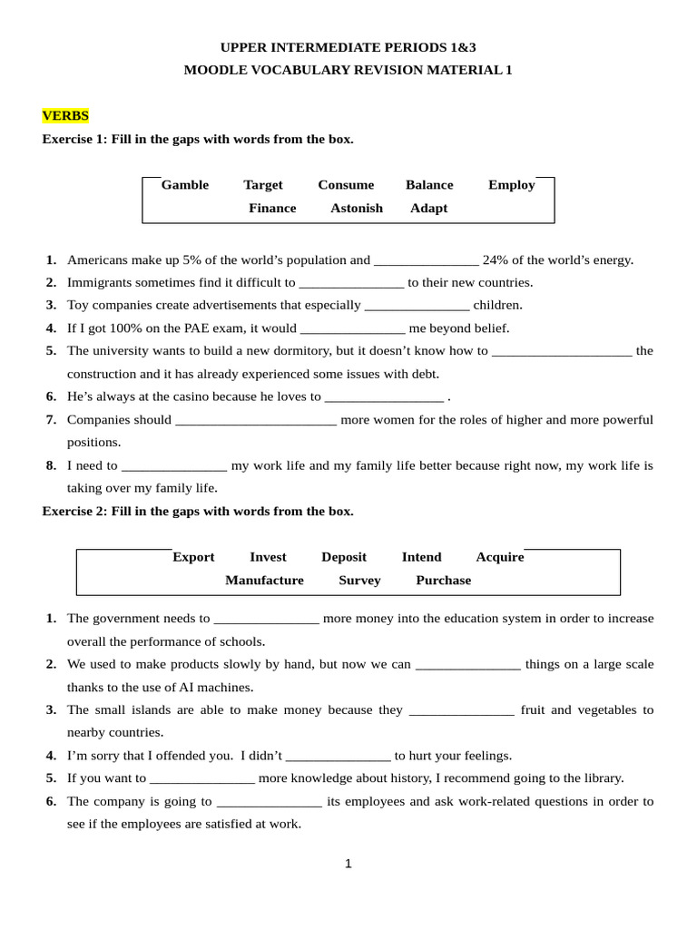 Upper Intermediate Vocabulary Exercises | PDF | Economies