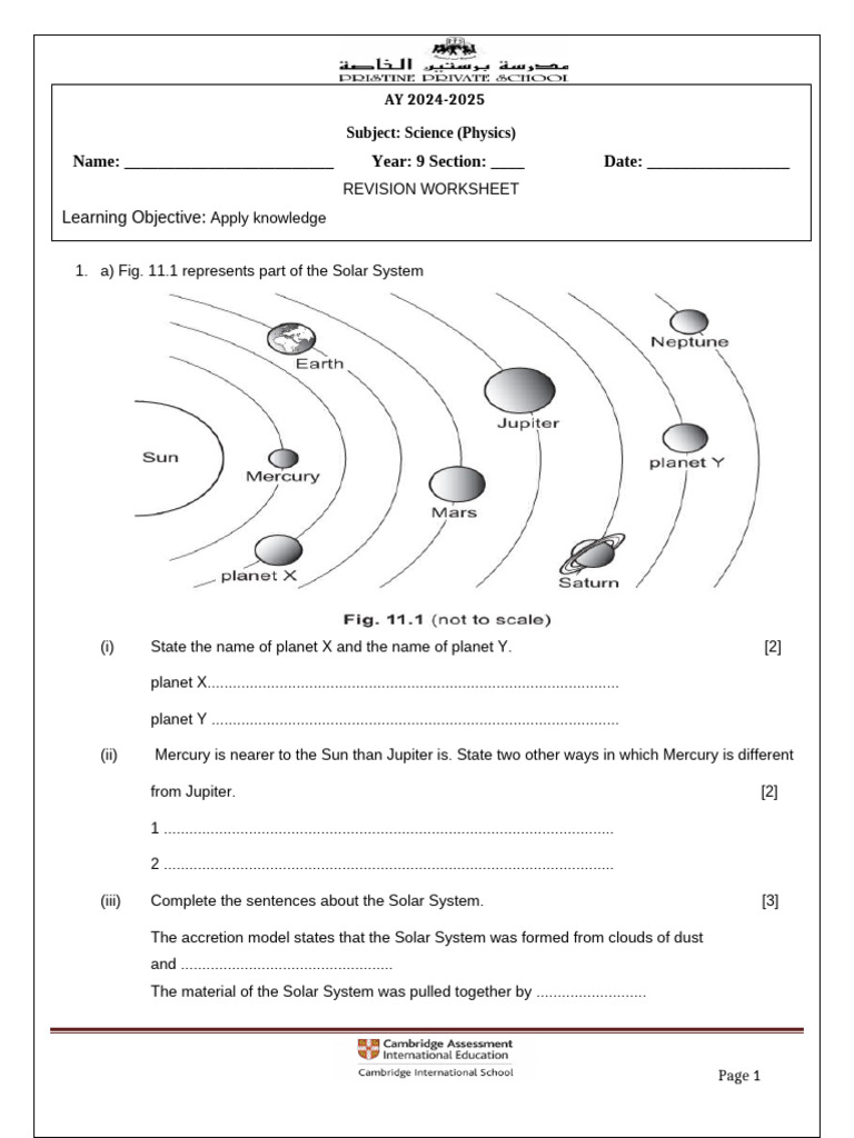 Y9 - REVISION WORKSHEET - Astronomy 1 | PDF | Solar System | Planets